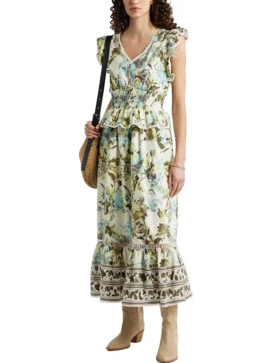 Treasure & Bond Floral Flutter Sleeve Peplum Maxi Dress - Ivory- Yellow Rose Border