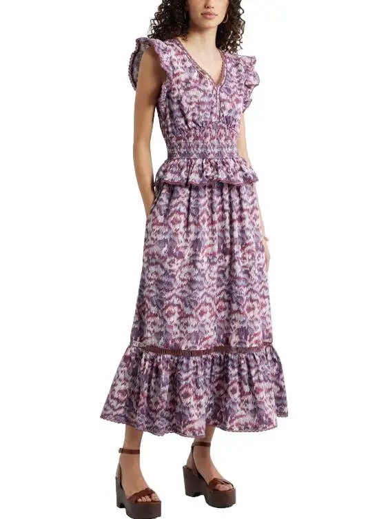 Treasure & Bond Floral Flutter Sleeve Peplum Maxi Dress - Pink- Blue Daisy Tapestry