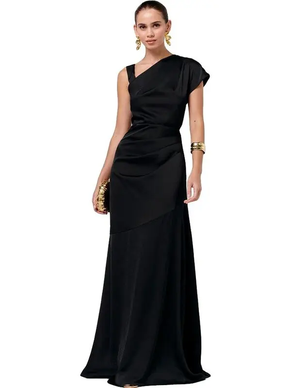 SAVEL Natalia Maxi Dress With Asymmetric Neckline And Draping - Black