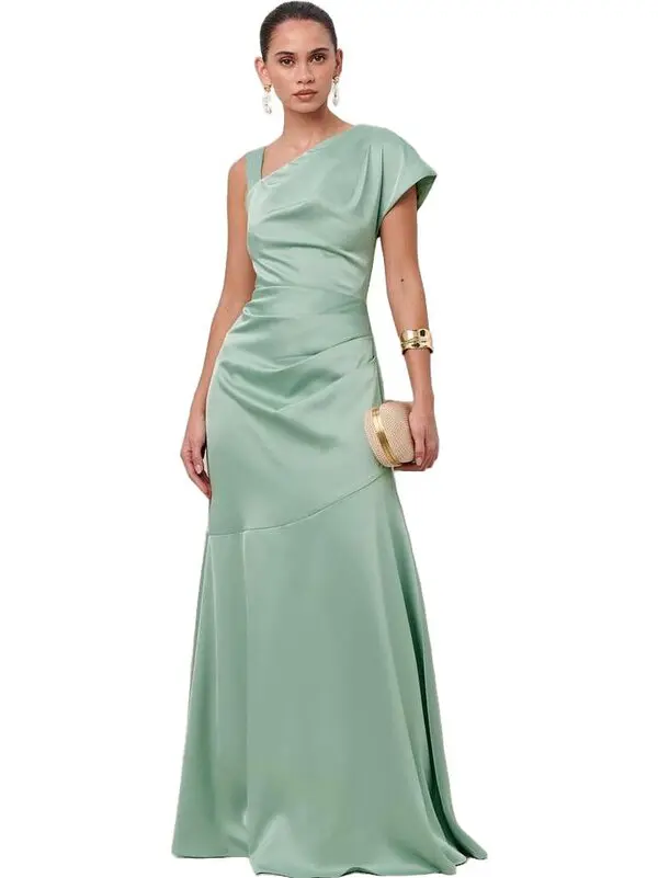 SAVEL Natalia Maxi Dress With Asymmetric Neckline And Draping - Light Sage