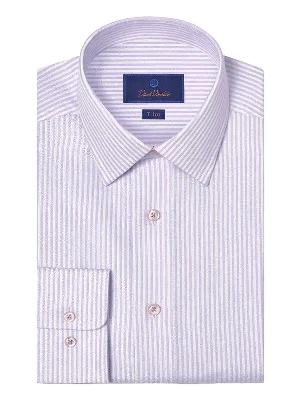 David Donahue Trim Fit Herringbone Stripe Cotton & Silk Dress Shirt - White/lilac