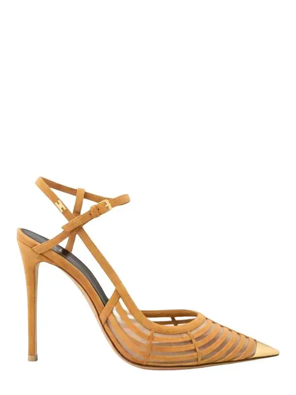Elisabetta Franchi Suede Point-toe Pumps With Striped Pattern And Tulle Inserts - Neutrals