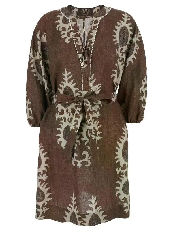 BAZAR DELUXE Printed Tie-waist Mini Dress - Brown
