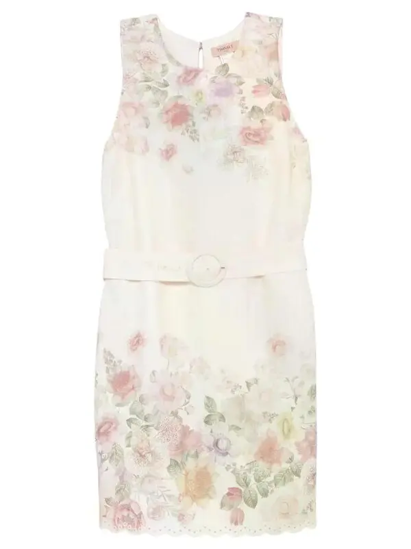 TWINSET Floral Belted Nini Dress - Neutrals