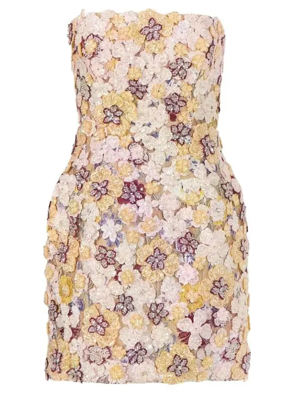 Costarellos Sirra Beaded Floral Strapless Mini Dress - Neutrals