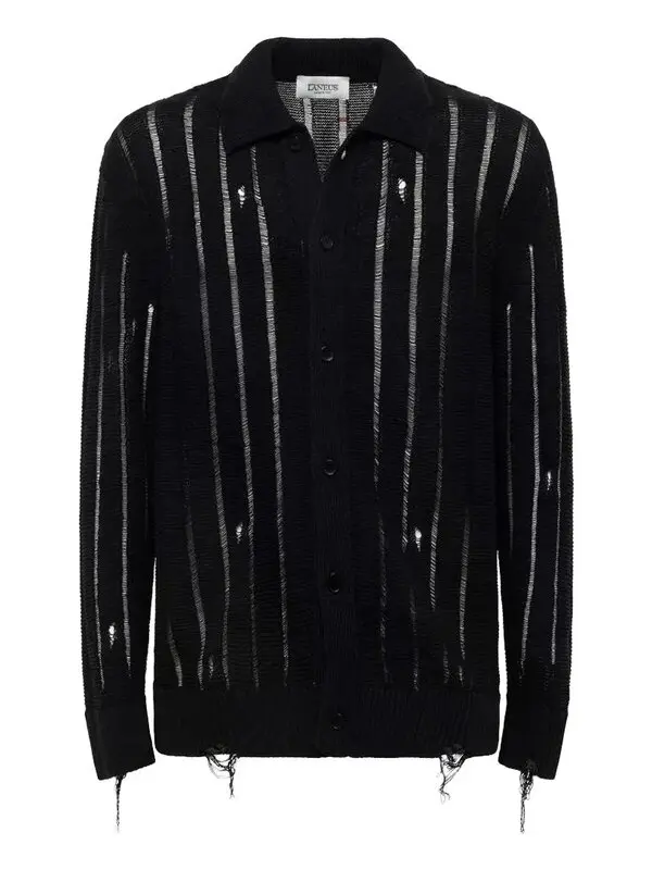 LANEUS Knitted Polo Collar Cardigan - Black
