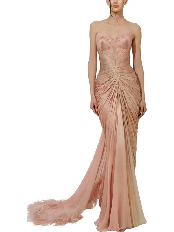 IRIS SERBAN Yasmina Feather-trim Maxi Dress - Pink