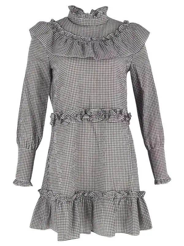 GANNI Gingham Ruffled Mini Dress - Grey