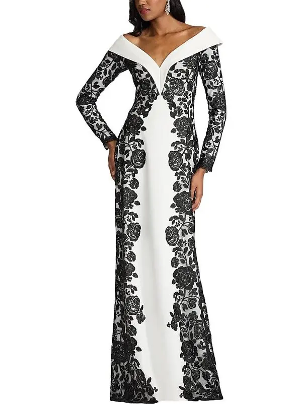 Tadashi Shoji Melara Off-shoulder Embroidered Gown - Black/ivory