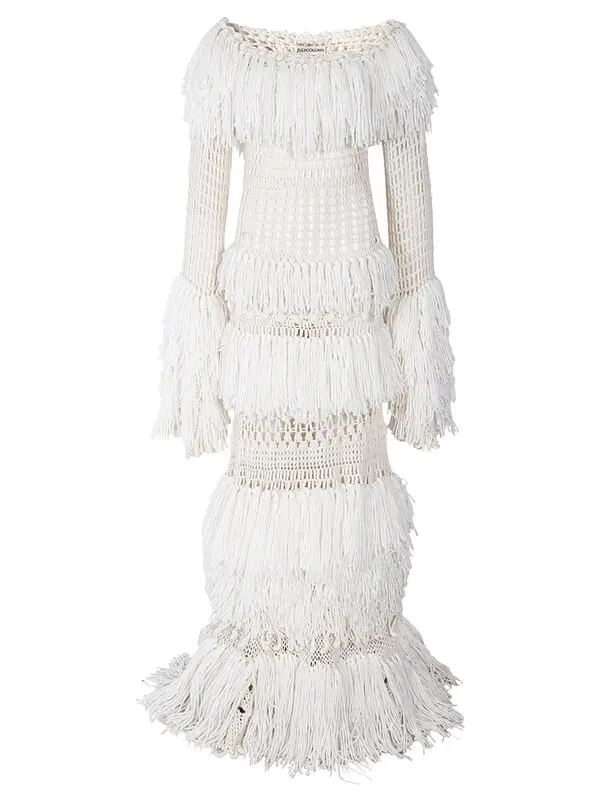 JULYCOLUMN Glene Wool-blend Knit Maxi Dress With Fringes - White