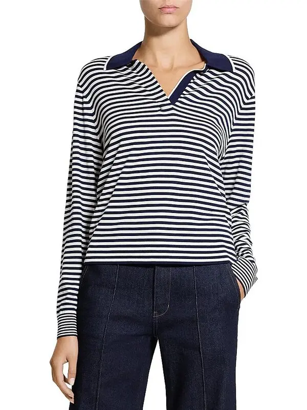 Theory Merino Wool Striped Polo Pullover Sweater - Dark Navy