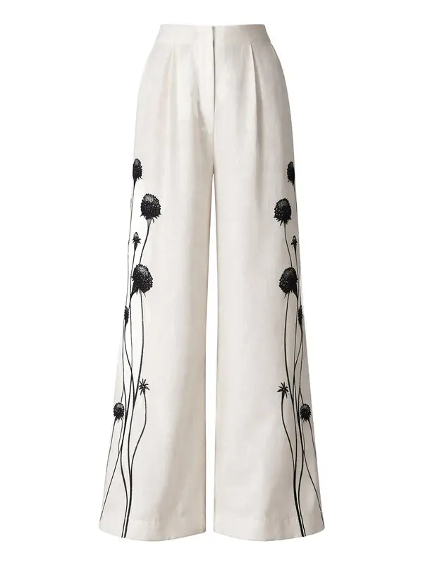 ANDRES OTALORA Linen Wide-leg Pants With Floral Embroidery - Print