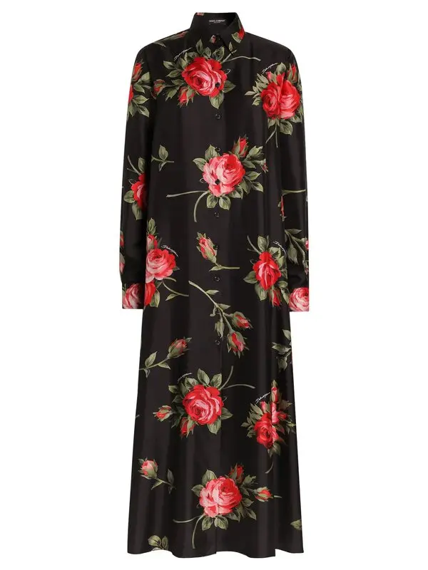 Dolce & Gabbana Rose Bouquet Print Twill Long Dress - Black