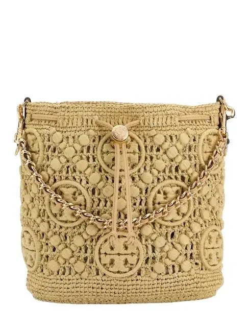 Tory Burch T Monogram Raffia Bucket Bag - Natural