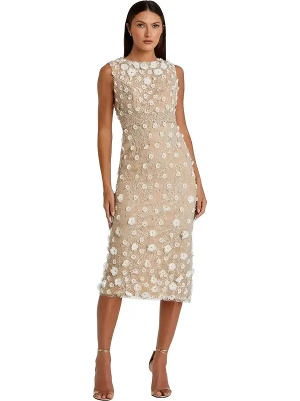 Mac Duggal Floral Applique Sleeveless Midi Dress - Ivory Nude