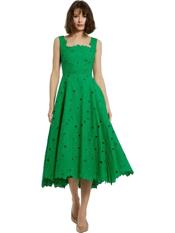 Mac Duggal Embroidered Cotton A-line Midi Dress - Green