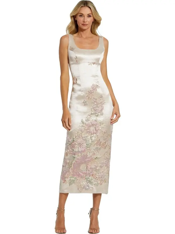 Mac Duggal Petite Slim Strap Scoop Neck Bustier Brocade Midi Dress - Champagne Multi