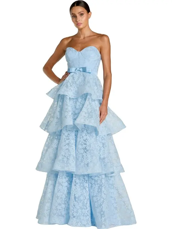 Mac Duggal Floral Organza Tiered Gown With Bow - Powder Blue