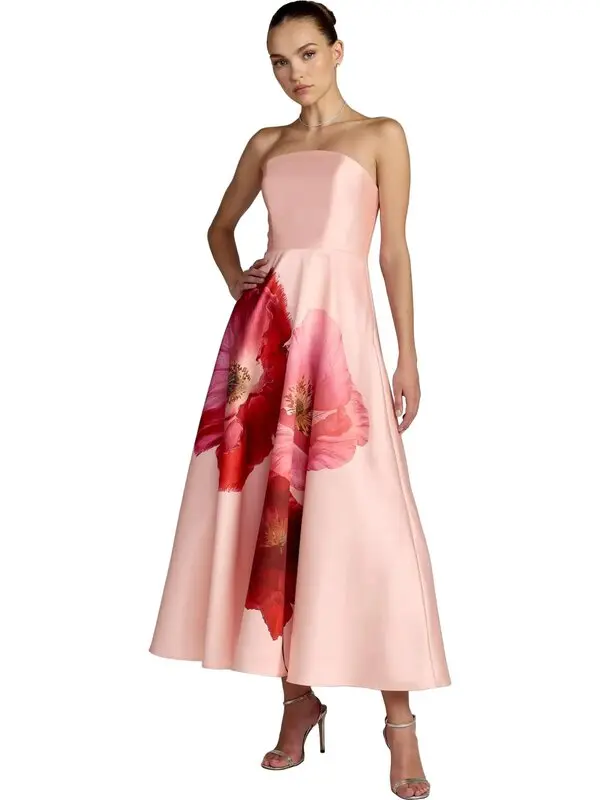 Mac Duggal Strapless A-line Midi Dress With Floral Print - Blush Multi