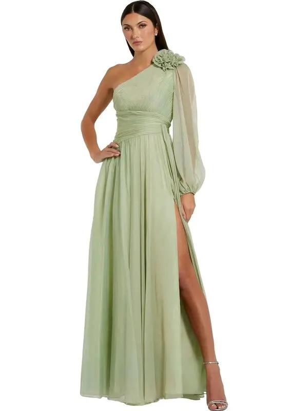 Mac Duggal One-shoulder Gown With 3d Flower Detail - Sage