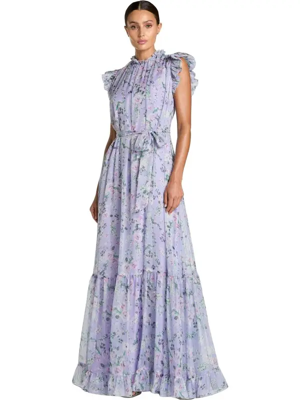 Mac Duggal Floral-printed Chiffon Gown With Ruffle Sleeves And Bow Belt - Purple