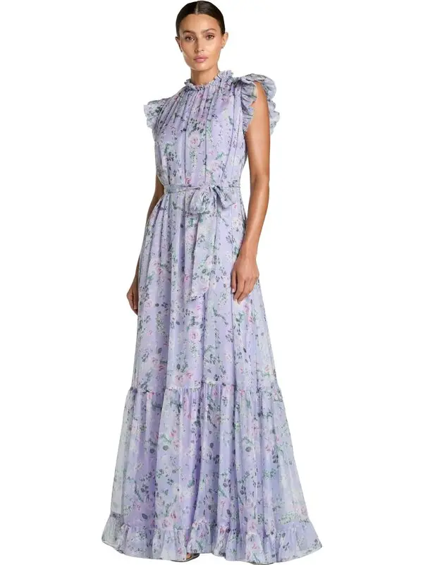 Mac Duggal Printed Chiffon Ruffle Sleeve Maxi Dress With Belt - Purple