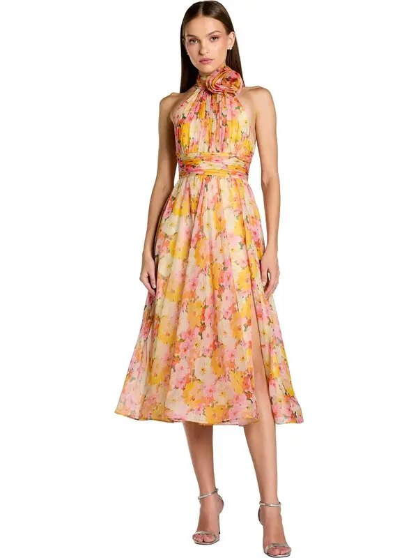 Mac Duggal Floral Halter Neck Midi Dress With Rosette Detail - Yellow Multi