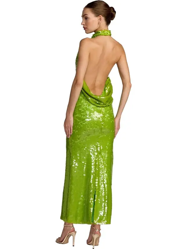 Mac Duggal Sequin Halter Neck Open Back Gown - Green