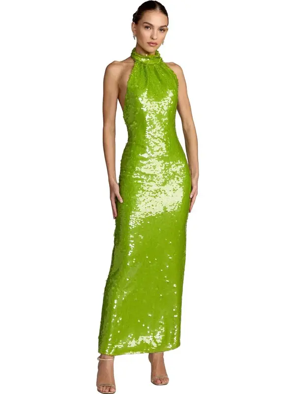 Mac Duggal Sequin Halter Neck Open Back Gown - Green