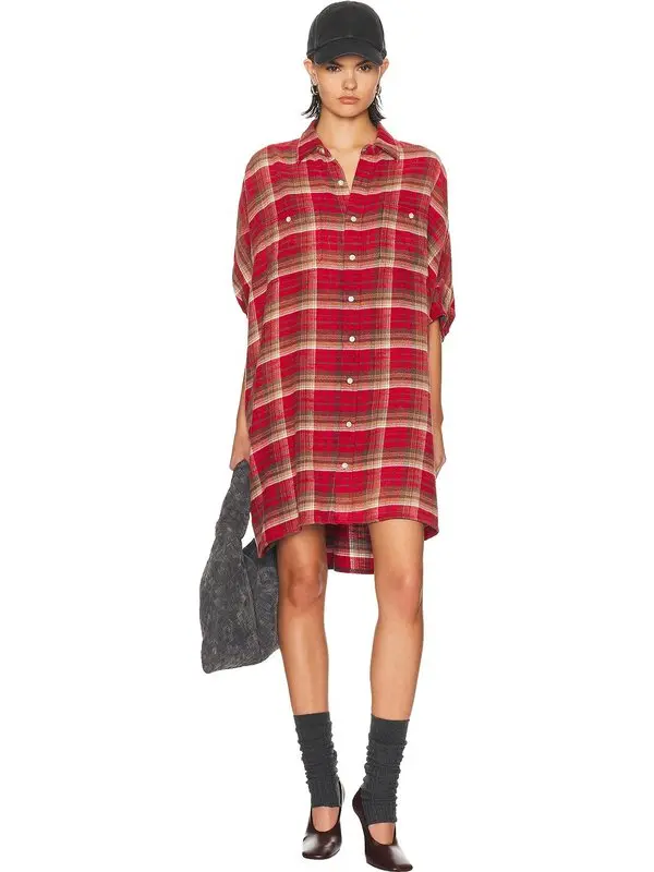 R13 Plaid Oversized Boxy Shirt Dress - Red Plaid