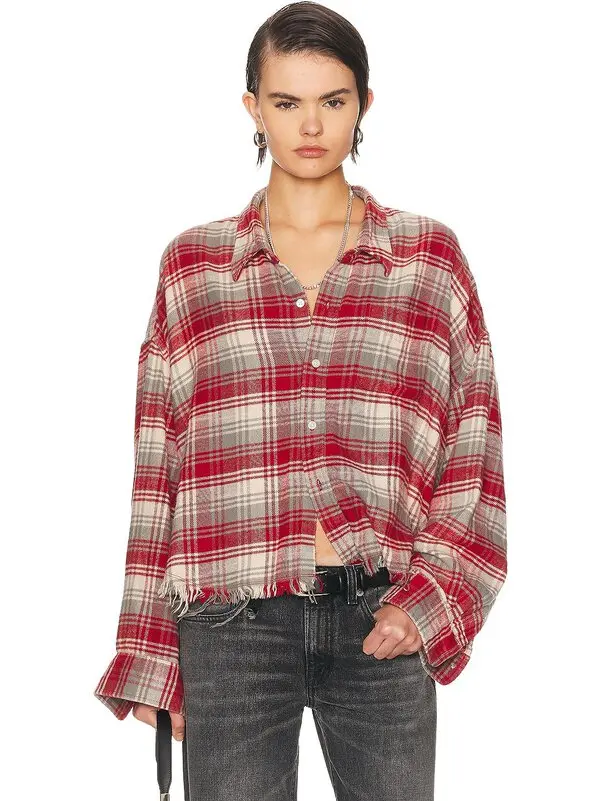 R13 Drop Neck Cropped Shirt - Red Grey Plaid