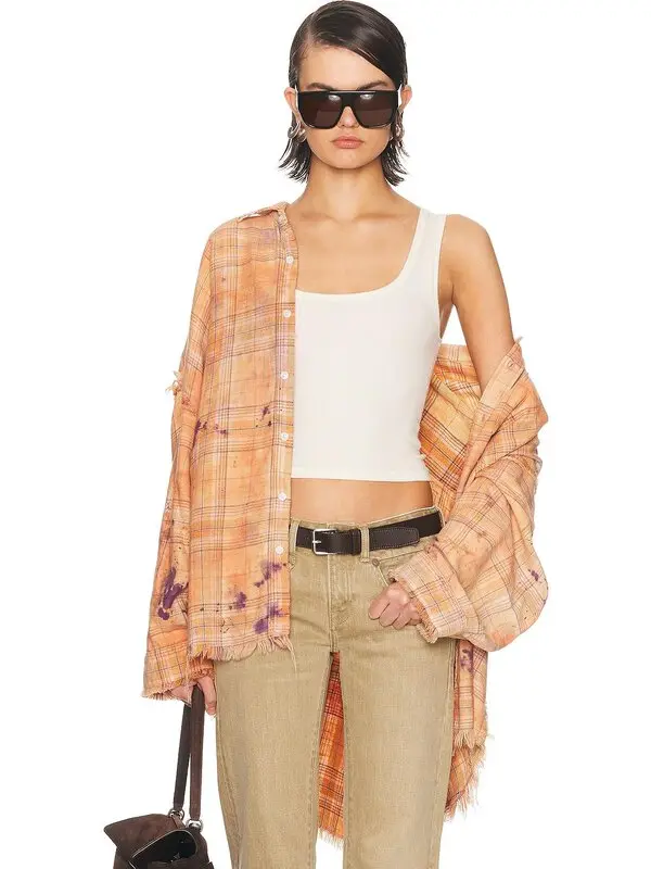 R13 Shredded Seam Drop Neck Shirt - Overdyed Orange Purple Plaid