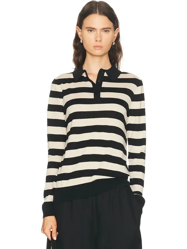 Enza Costa Stripe Silk Knit Polo Sweater - Black & Wheat