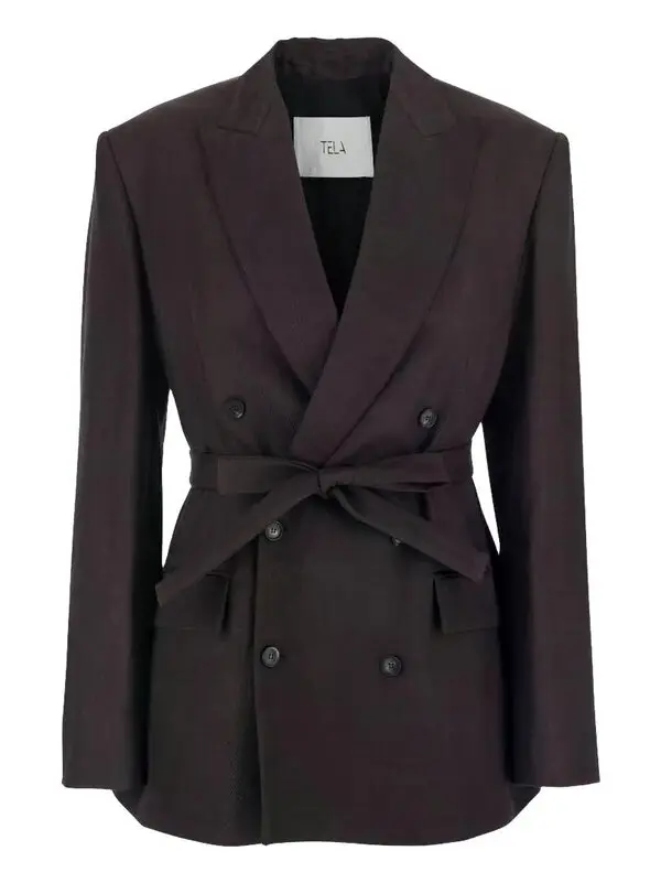 TELA Double-breasted Belted Blazer - Brown