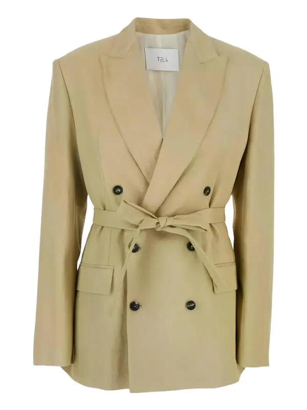 TELA Frost Belted Double-breasted Blazer - Neutrals