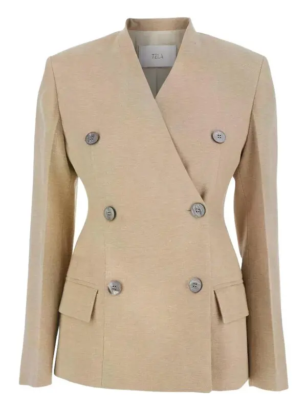 TELA Lapel-less Double-breasted Blazer - Neutrals