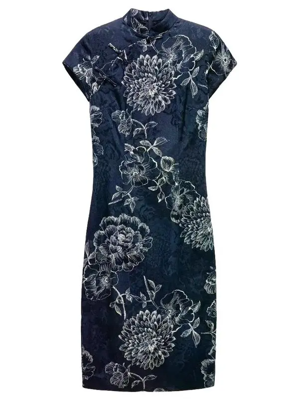 Shanghai Tang Floral Print Qipao Dress - Blue