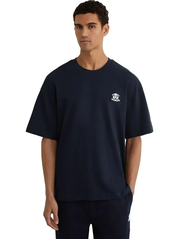REISS Rainer Monogram Embroidered Relaxed-fit T-shirt - Navy