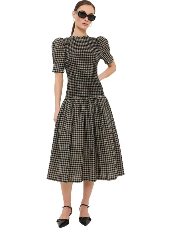 TANNER FLETCHER Imelda Smocked Midi Dress - Black Plaid