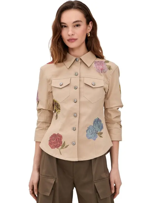Cinq À Sept Collared Jacket With Rose Motif - Khaki Multi
