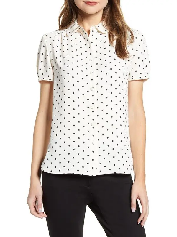 Anne Klein Dot Short Sleeve Shirt - White Dove/anne Black