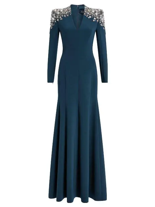 Jenny Packham Nila Beaded V-neck Maxi Gown - Hawks Eye Blue