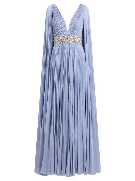 Jenny Packham Embellished-waist Pleated Maxi Dress - Blue Slate