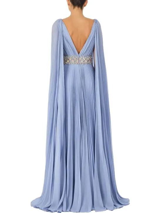Jenny Packham Embellished-waist Pleated Maxi Dress - Blue Slate