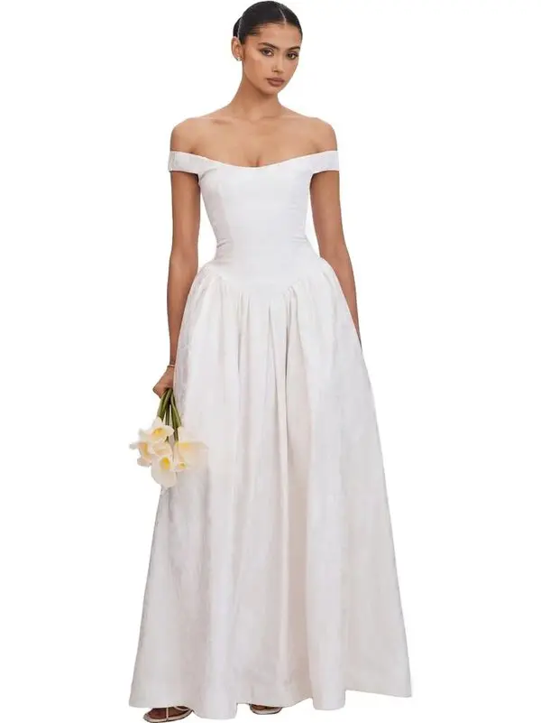 MISS CIRCLE Jacquard Bardot Wedding Gown - White