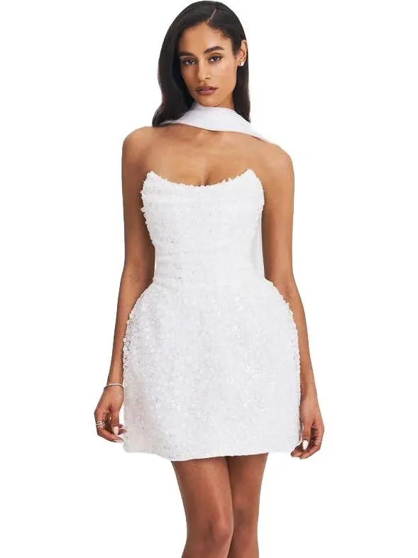 MISS CIRCLE Tressa Beaded Mesh Strapless Mini Dress - White