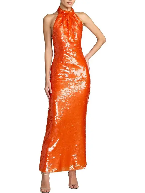 Mac Duggal Sleeveless Sequin Halter Gown - Tangerine