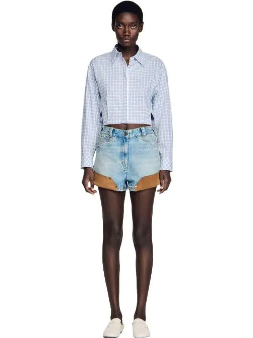 Sandro Denim And Suede Shorts With Rivets - Light Bu Jean