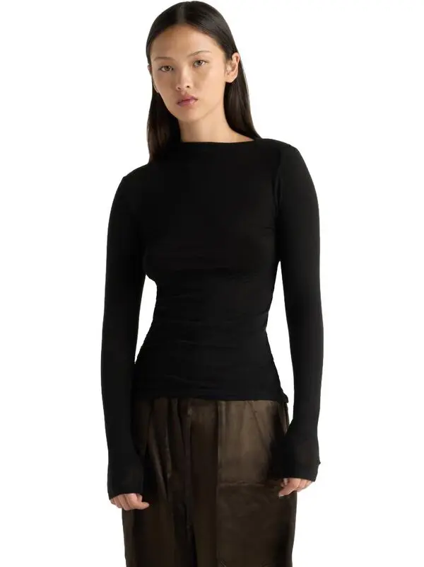 Modern Citizen Asymmetric-neck Semi-sheer Ruched Tee - Black