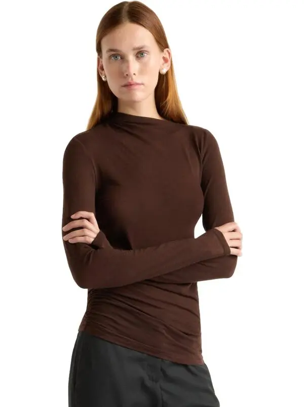 Modern Citizen Asymmetric-neck Semi-sheer Ruched Tee - Umber